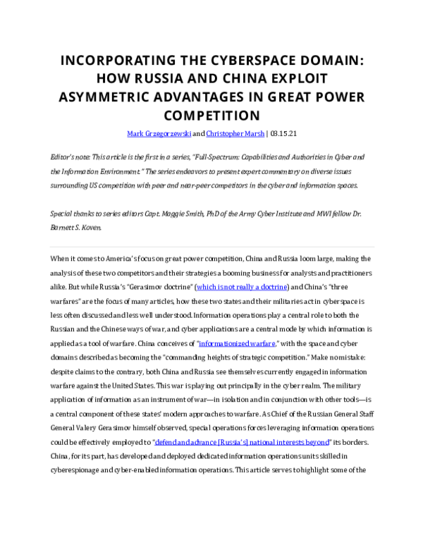 (PDF) INCORPORATING THE CYBERSPACE DOMAIN: HOW RUSSIA AND CHINA EXPLOIT ...