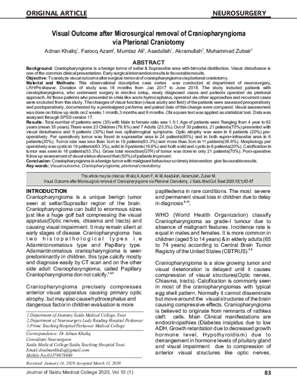 (PDF) Visual Outcome after Microsurgical removal of Craniopharyngioma ...