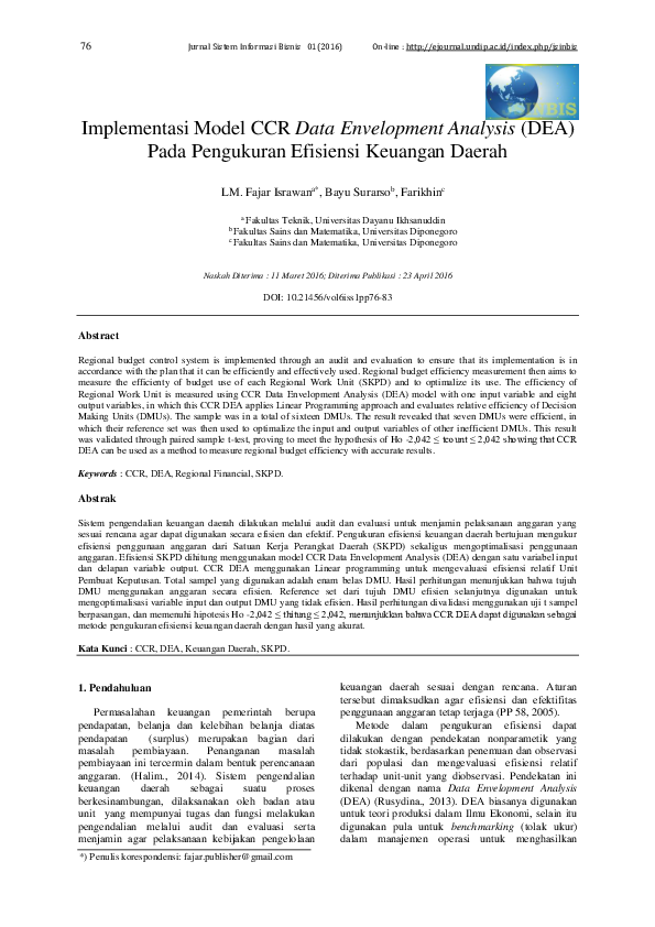 (PDF) Implementasi Model CCR Data Envelopment Analysis (DEA) Pada Pengukuran Efisiensi Keuangan ...