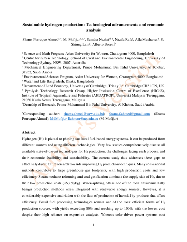 (PDF) Sustainable hydrogen production: Technological advancements and ...