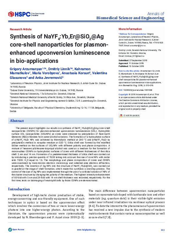 (PDF) Synthesis of NaYF4:Yb,Er@SiO2@Ag core-shell nanoparticles for plasmon-enhanced ...