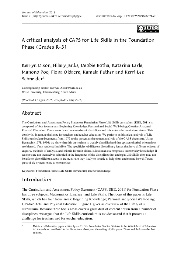 (PDF) A critical analysis of CAPS for Life Skills in the Foundation ...