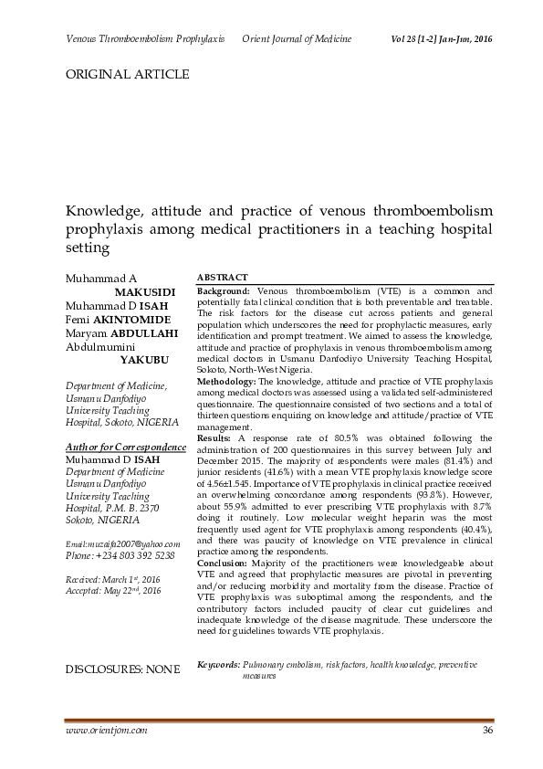 (PDF) Knowledge, attitude and practice of venous thromboembolism prophylaxis among medical ...