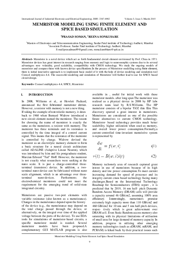 (PDF) Memristor Modeling Using Finite Element and Spice Based Simulation