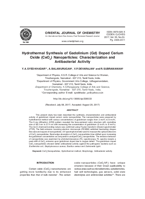 (PDF) Hydrothermal Synthesis of Gadolinium (Gd) Doped Cerium Oxide ...