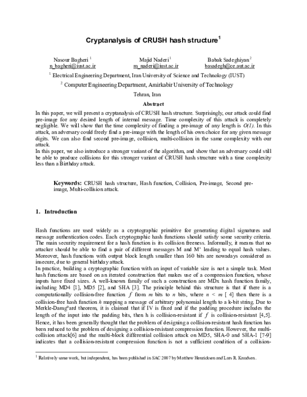 (PDF) Cryptanalysis of CRUSH hash structure