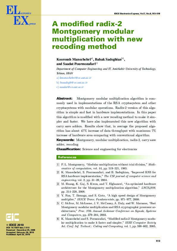 Pdf A Modified Radix 2 Montgomery Modular Multiplication With New Recoding Method