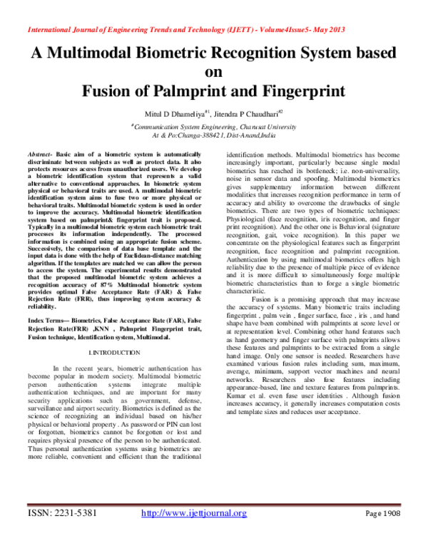 Pdf A Multimodal Biometric Recognition System Based On Fusion Of Palmprint And Fingerprint