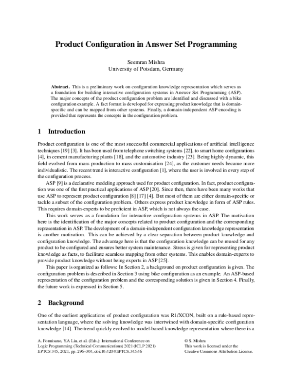 (PDF) Product Configuration in Answer Set Programming