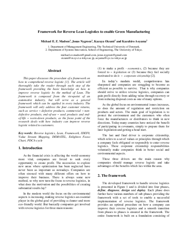 (PDF) Framework for Reverse Lean Logistics to enable Green Manufacturing