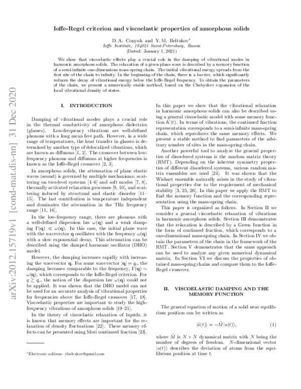 (PDF) Ioffe-Regel criterion and viscoelastic properties of amorphous solids