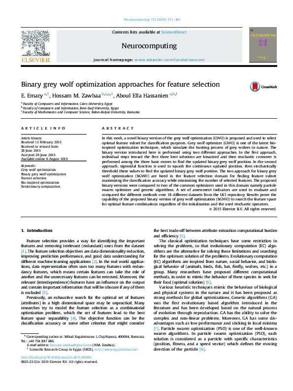 Pdf Binary Grey Wolf Optimization Approaches For Feature Selection