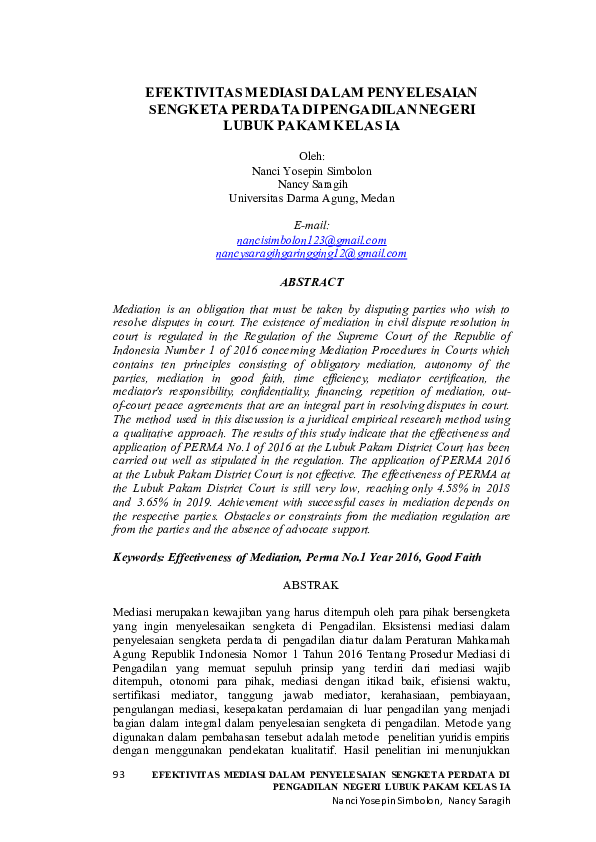 (PDF) Efektivitas Mediasi Dalam Penyelesaian Sengketa Perdata DI Pengadilan Negeri Lubuk Pakam ...