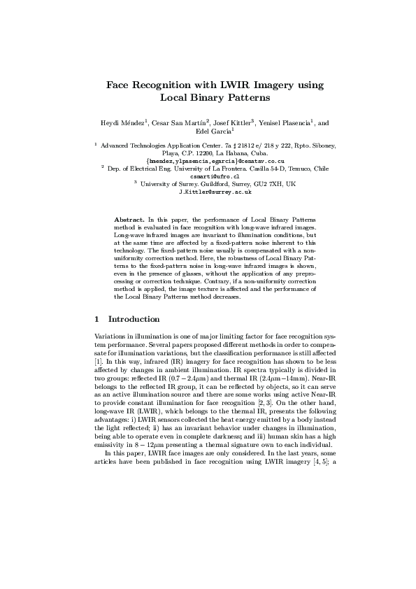 (PDF) Face Recognition with LWIR Imagery Using Local Binary Patterns