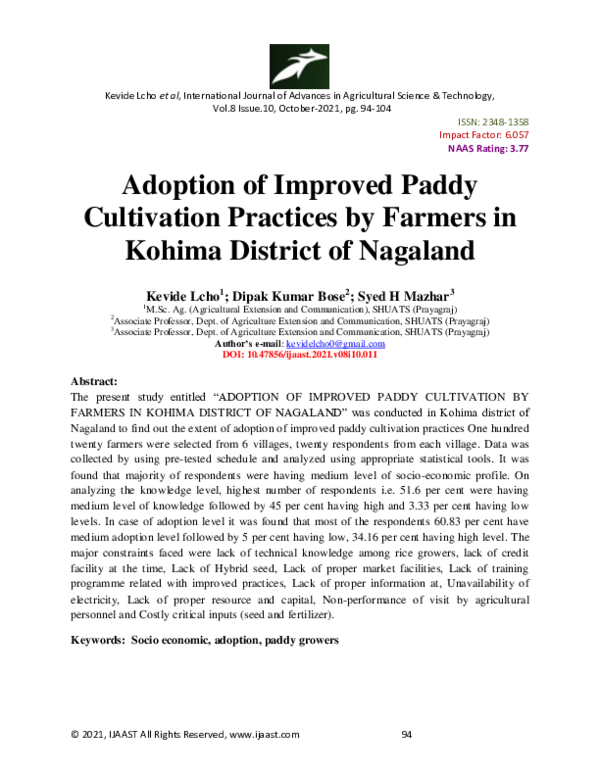 (PDF) Adoption of Improved Paddy Cultivation Practices by Farmers in Kohima District of Nagaland