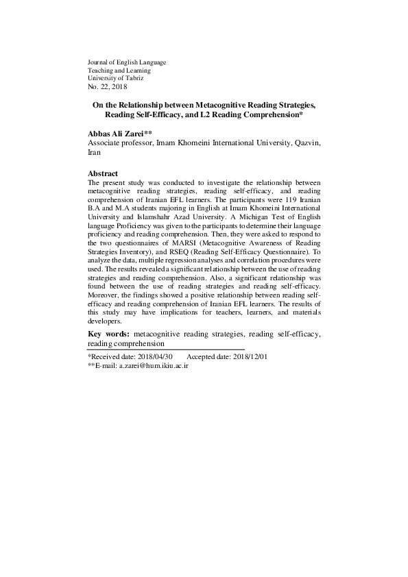 (PDF) On the Relationship between Metacognitive Reading Strategies, Reading Self-Efficacy, and ...
