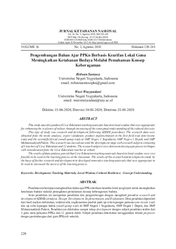 (PDF) Pengembangan Bahan Ajar PPKn Berbasis Kearifan Lokal Guna Meningkatkan Ketahanan Budaya ...