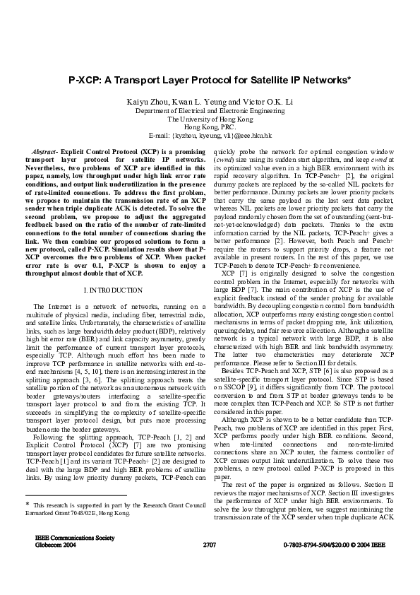 Pdf P Xcp A Transport Layer Protocol For Satellite Ip Networks
