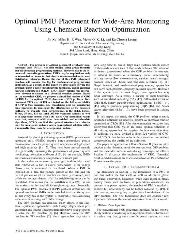 (PDF) Optimal PMU placement for wide-area monitoring using chemical reaction optimization
