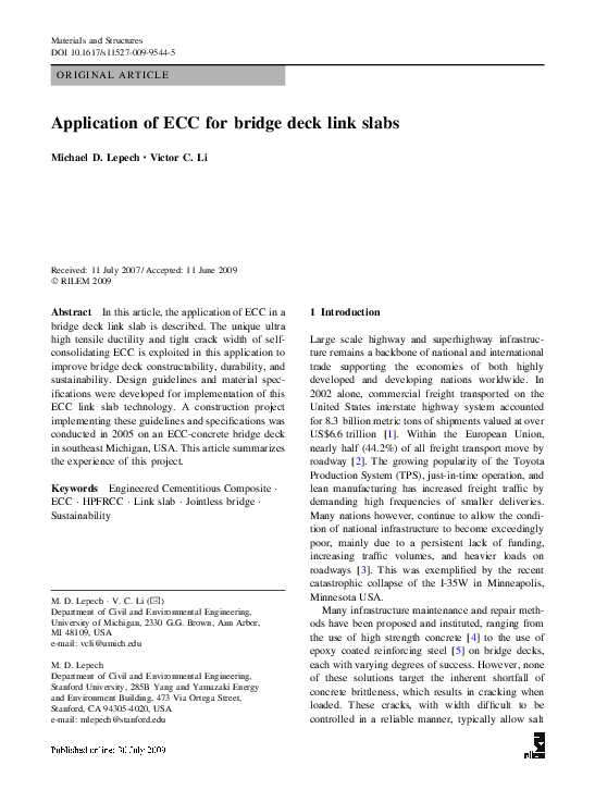 (PDF) Application of ECC for bridge deck link slabs