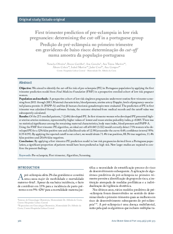 (PDF) First trimester prediction of pre-eclampsia in low risk ...