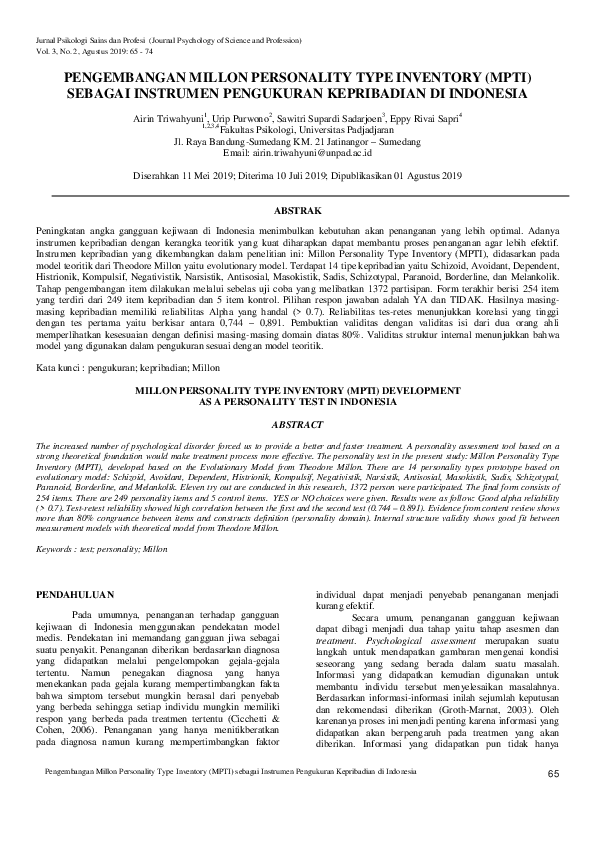 (PDF) Pengembangan Millon Personality Type Inventory (Mpti) Sebagai ...