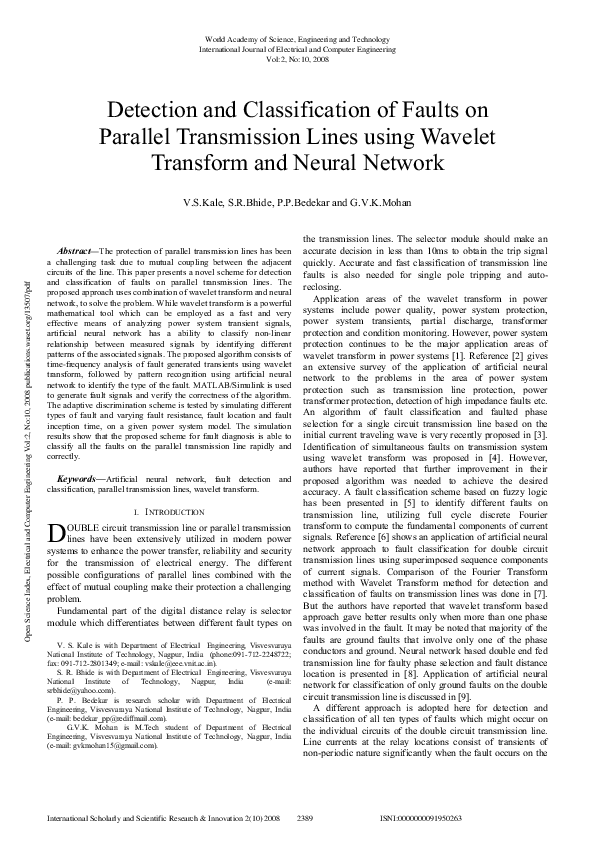 Pdf Detection And Classification Of Faults On Parallel Transmission