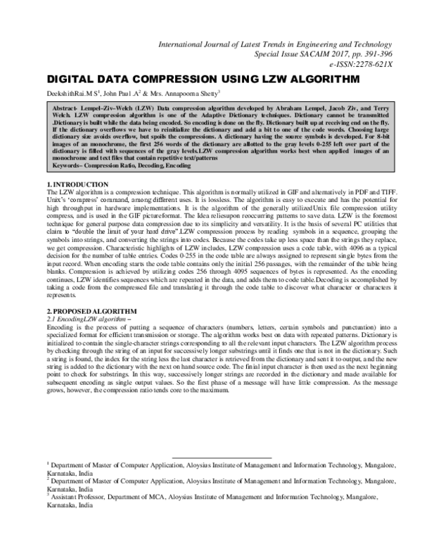 (PDF) Digital Data Compression Using LZW Algorithm