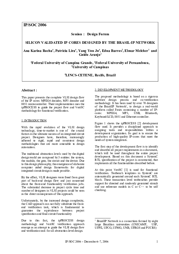 (PDF) IP / SOC 2006 Session : Design Forum SILICON VALIDATED IP CORES DESIGNED BY THE BRASIL-IP ...