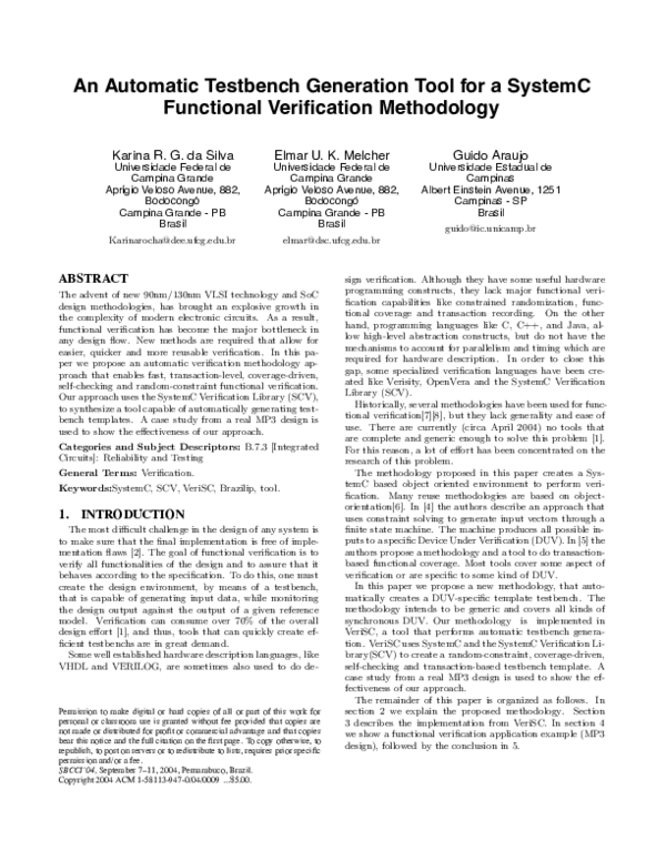 Pdf An Automatic Testbench Generation Tool For A Systemc Functional