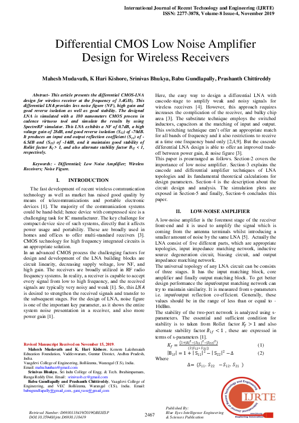 (PDF) Differential CMOS Low Noise Amplifier Design for Wireless Receivers