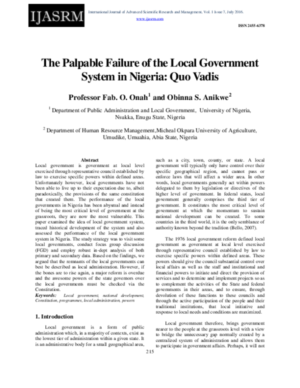 (PDF) The Palpable Failure of the Local Government System in Nigeria ...