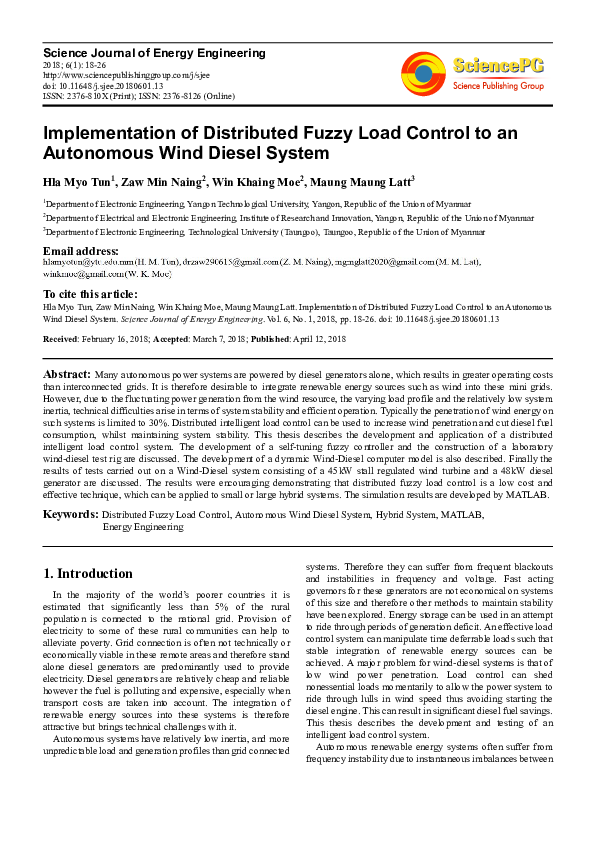 (PDF) Implementation of Distributed Fuzzy Load Control to an Autonomous Wind Diesel System