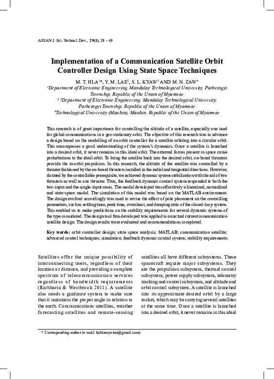 Pdf Implementation Of Communication Satellite Orbit Controller Design Using State Space Techniques