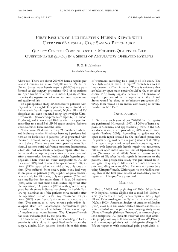 (PDF) First results of Lichtenstein hernia repair with Ultrapro-mesh as ...