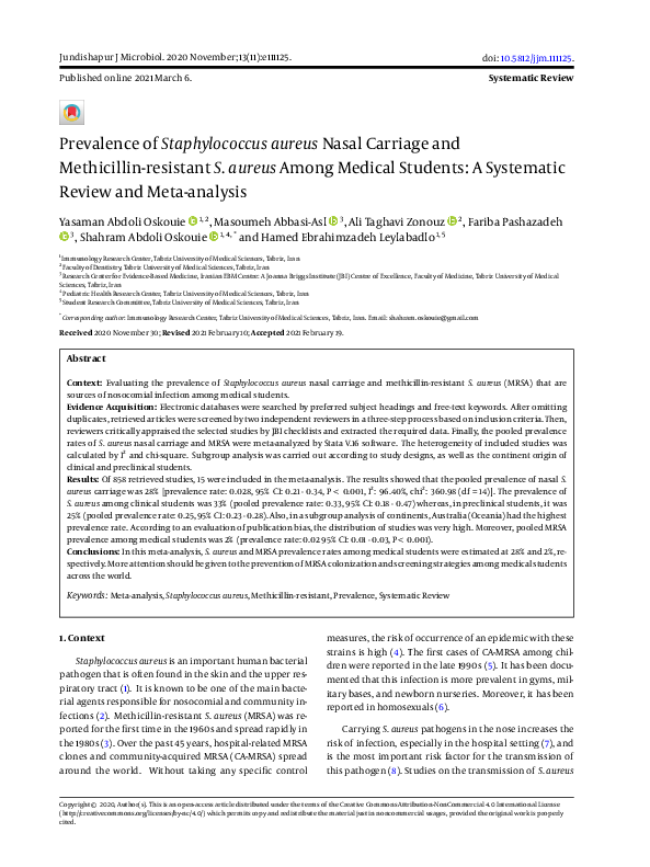 (PDF) Prevalence of Staphylococcus aureus Nasal Carriage and Methicillin-resistant S. aureus ...