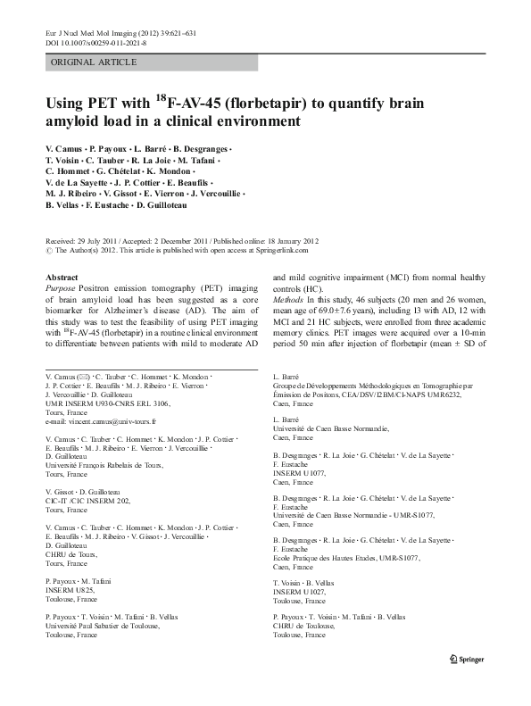 (PDF) Using PET with (18)F-AV-45 (florbetapir) to quantify brain amyloid load in a clinical ...