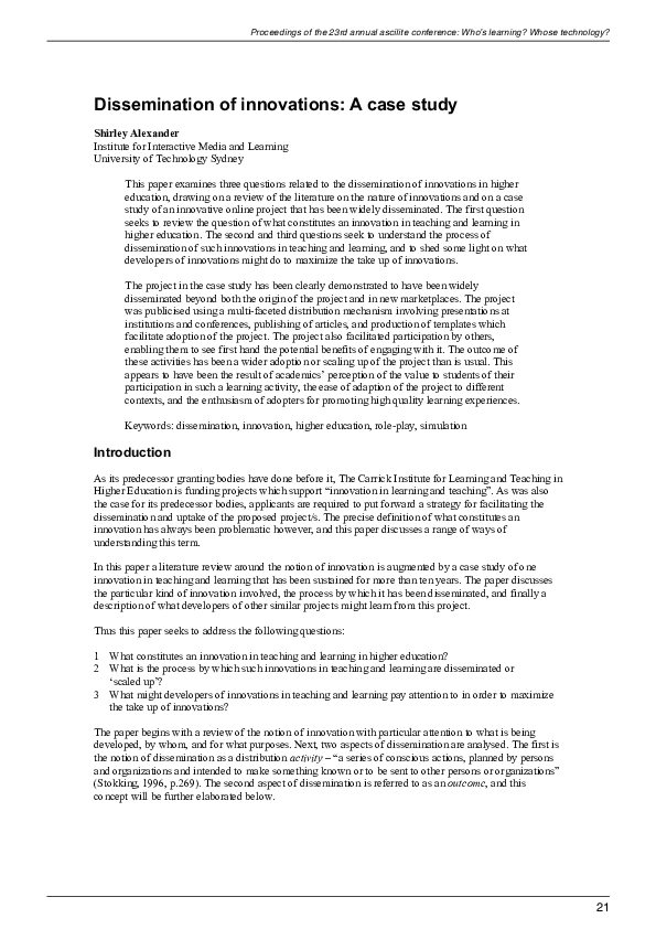 (PDF) Dissemination of innovations: A case study