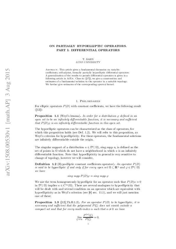 Pdf On Partially Hypoelliptic Operators Part I Differential Operators