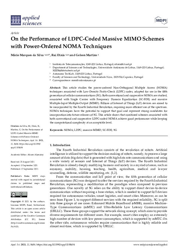 (PDF) On the Performance of LDPC-Coded Massive MIMO Schemes with Power-Ordered NOMA Techniques