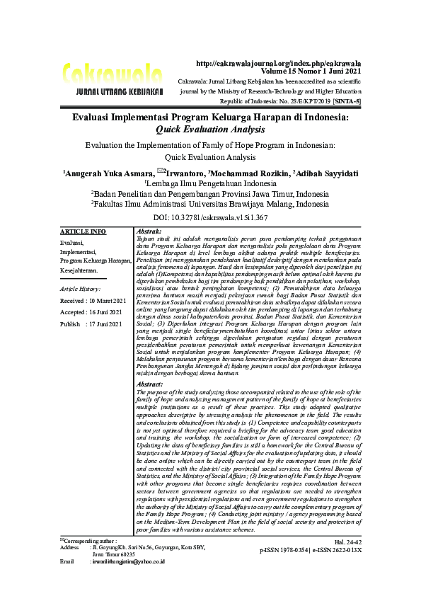 (PDF) Evaluasi Implementasi Program Keluarga Harapan di Indonesia: Quick Evaluation Analysis