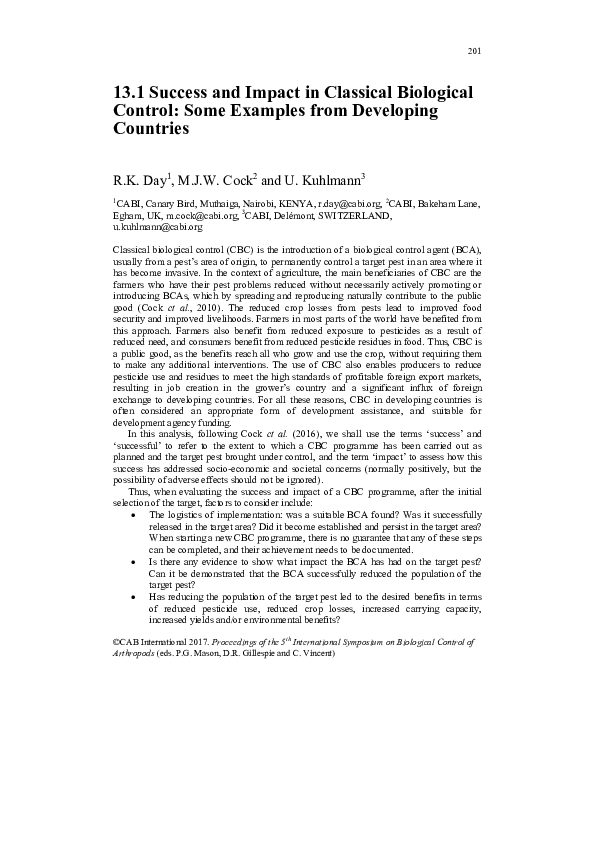 (PDF) Success and impact in classical biological control: some examples ...