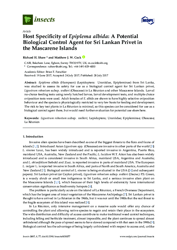 (PDF) Host Specificity of Epiplema albida: A Potential Biological ...