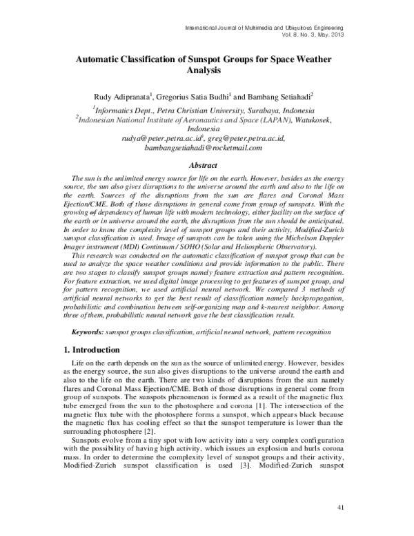 Pdf Automatic Classification Of Sunspot Groups For Space Weather Analysis Bambang Setiahadi