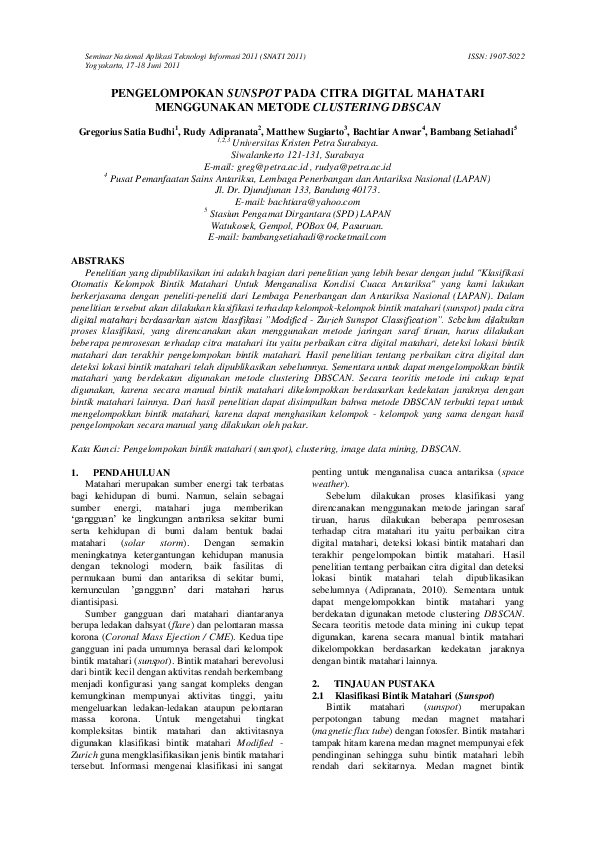 (PDF) Pengelompokan Sunspot Pada Citra Digital Mahatari Menggunakan Metode Clustering Dbscan