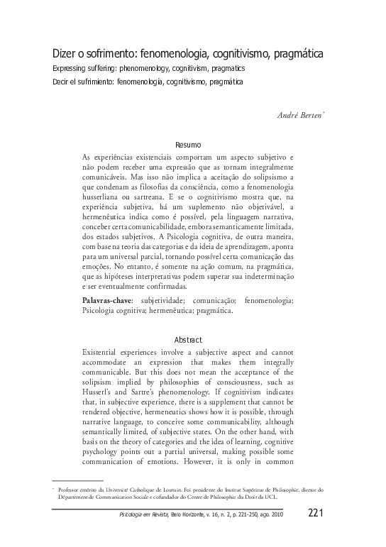 (PDF) Expressing suffering: phenomenology, cognitivism, pragmatics