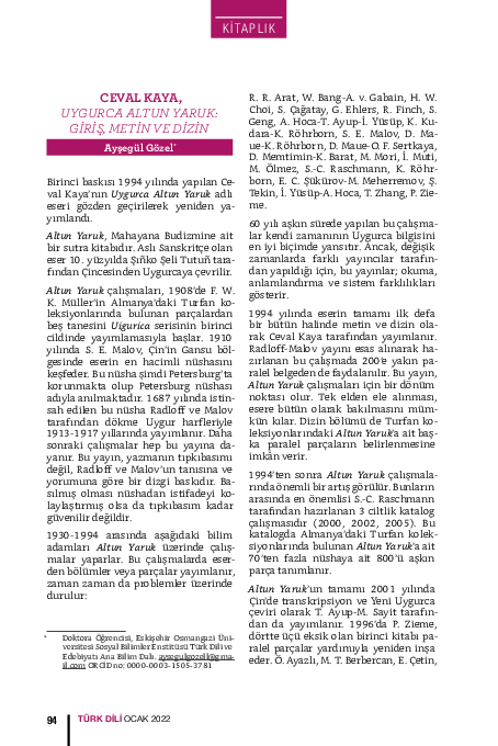 (PDF) Gözel, A. (2022). (Ceval KAYA, Uygurca Altun Yaruk. Giriş, Metin ...