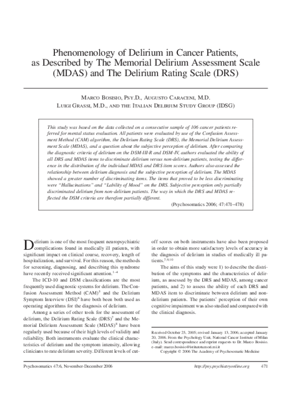 (PDF) Phenomenology of Delirium in Cancer Patients, as Described by The ...