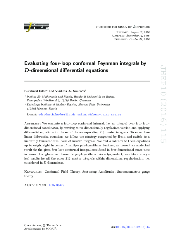 Pdf Evaluating Four Loop Conformal Feynman Integrals By D Dimensional Differential Equations