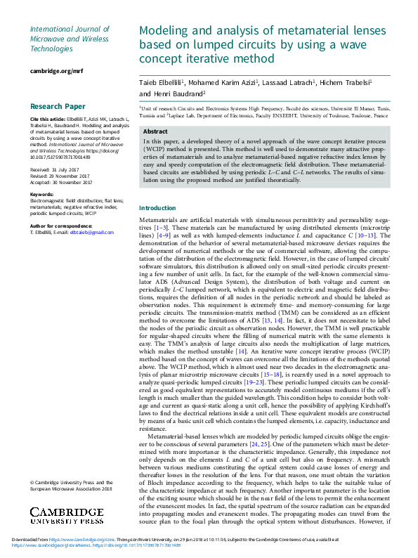 (PDF) Modeling and analysis of metamaterial lenses based on lumped circuits by using a wave ...